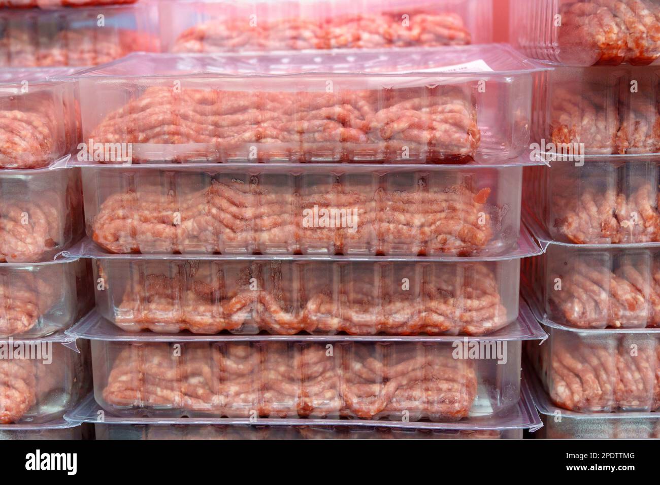 Raw Minced Meat in a transparent Plastic Container, sell in ...