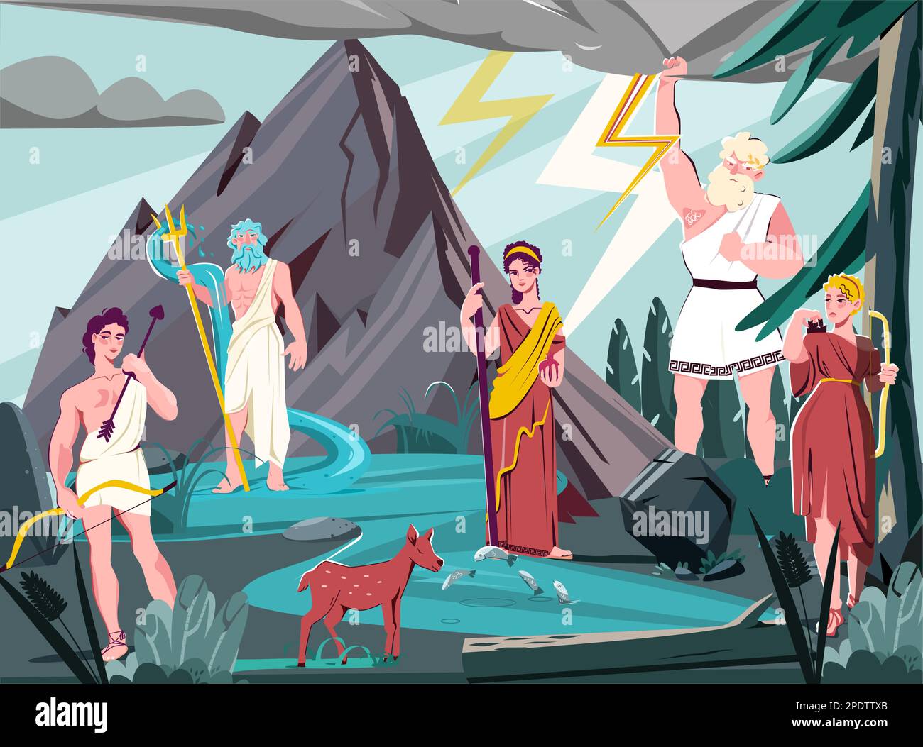Olympian gods flat colored composition gods standing in the natural landscape against a ...