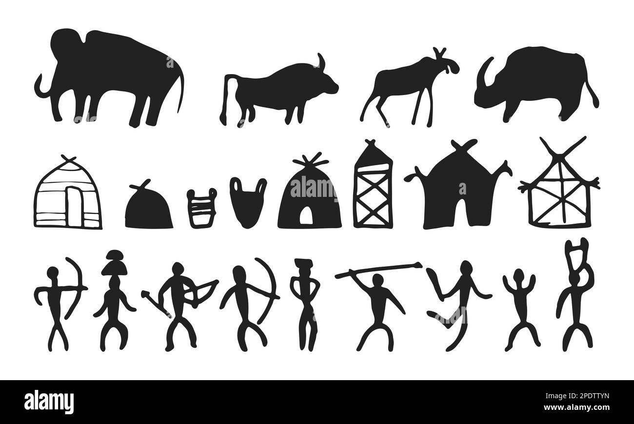 Cave painting prehistoric rock art hand drawn sketch style vector ...