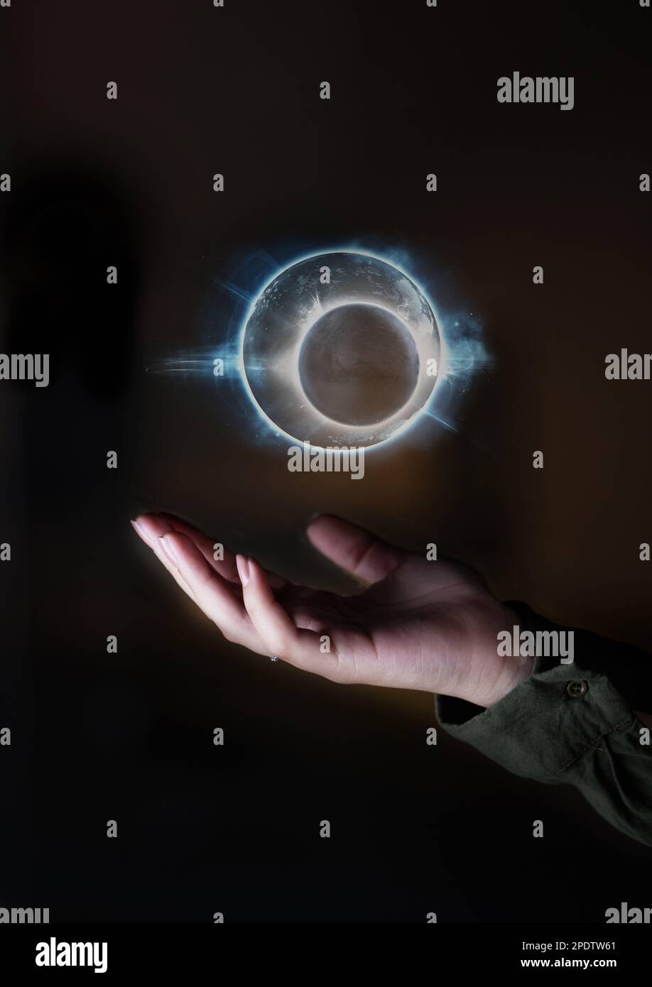 Hand, world and hologram overlay with an interface of ai or 3d ...