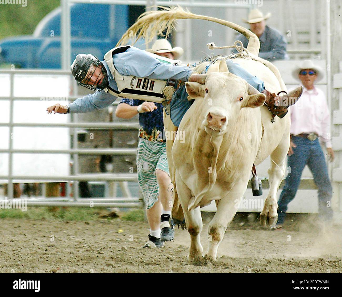 Dustin Lemmon, of Lewistown, Mont., goes sideways as he tries to hold ...