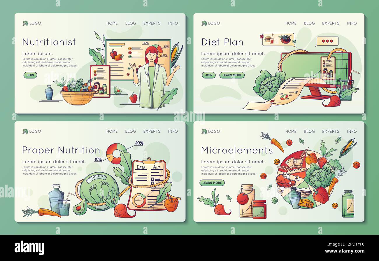 Nutritionist dietitian dietologist web banner landing pages set with ...