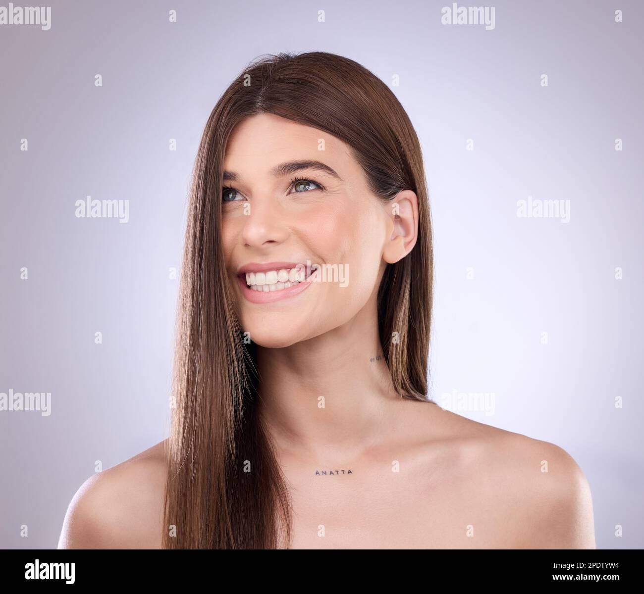 Idea, face smile and hair care of woman in studio isolated on a gray ...