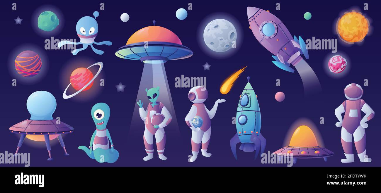 Space cartoon set with isolated icons of planets ufo rockets and funny ...