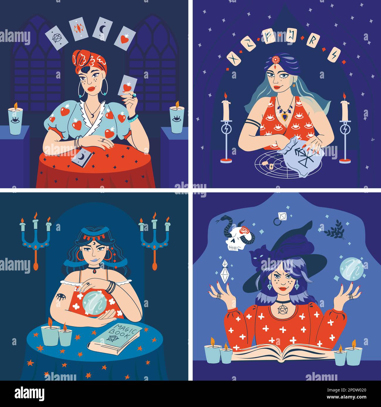 Fortune tellers 2x2 design concept with four woman telling future by ... Fortune tellers 2x2 design concept with four woman telling future by ...