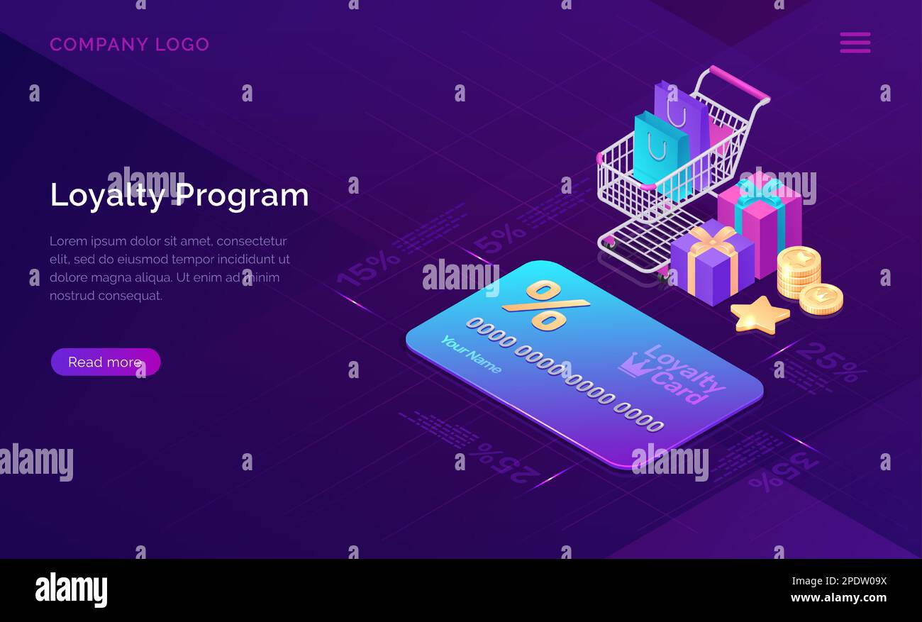 Loyalty program, vector isometric concept. Big discount card with ...