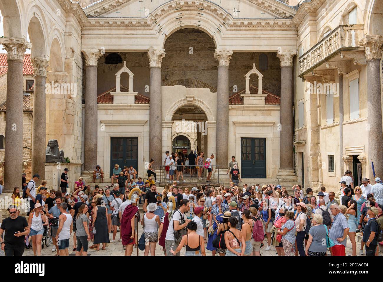 A big crowd of people in front of Peristil square at Diocletian palace ...