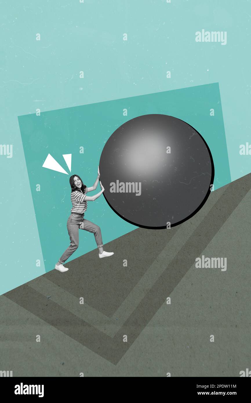 Creative composite collage photo of young excited girl pushing big ...