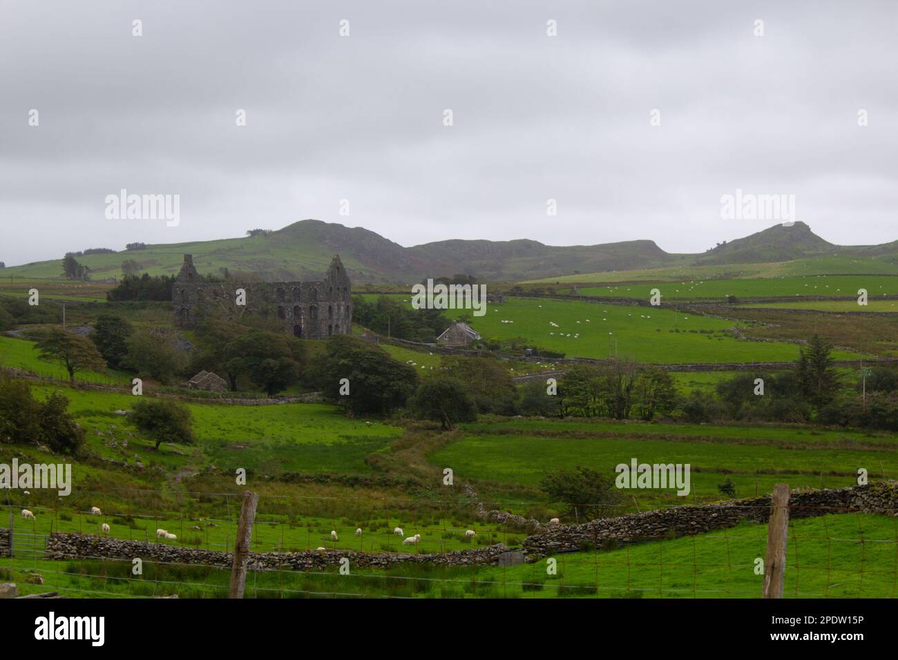 Landscape acoss the green fields of the welsh countryside to an ...
