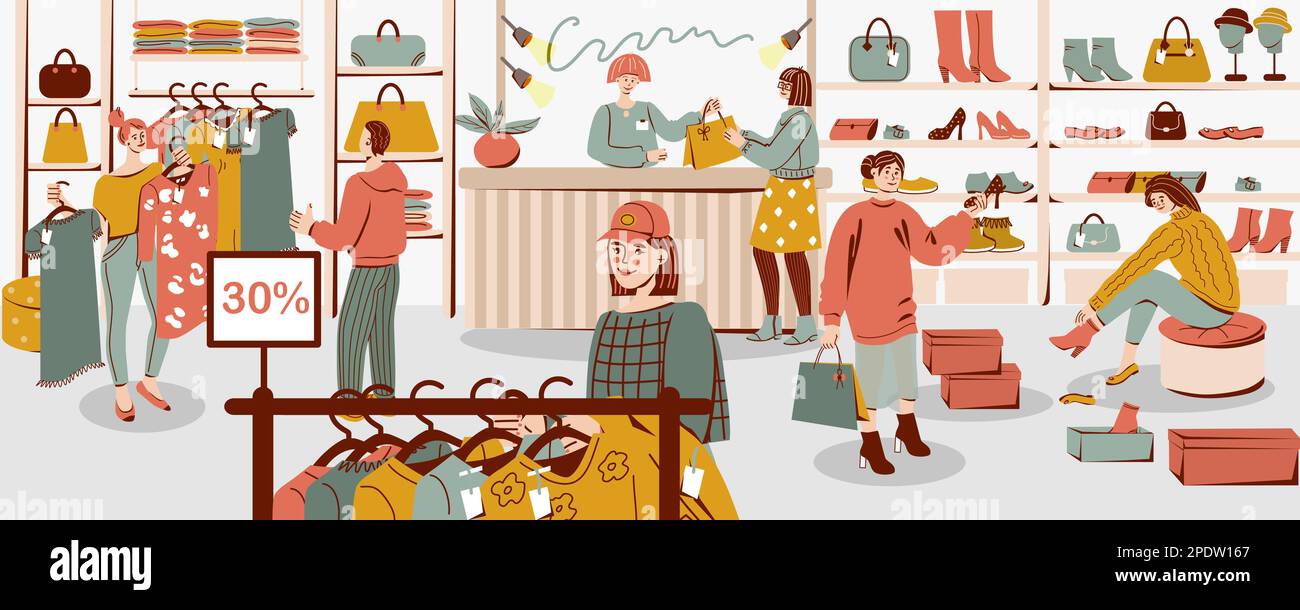 Shopping people flat composition with buyers and sellers in clothing ...