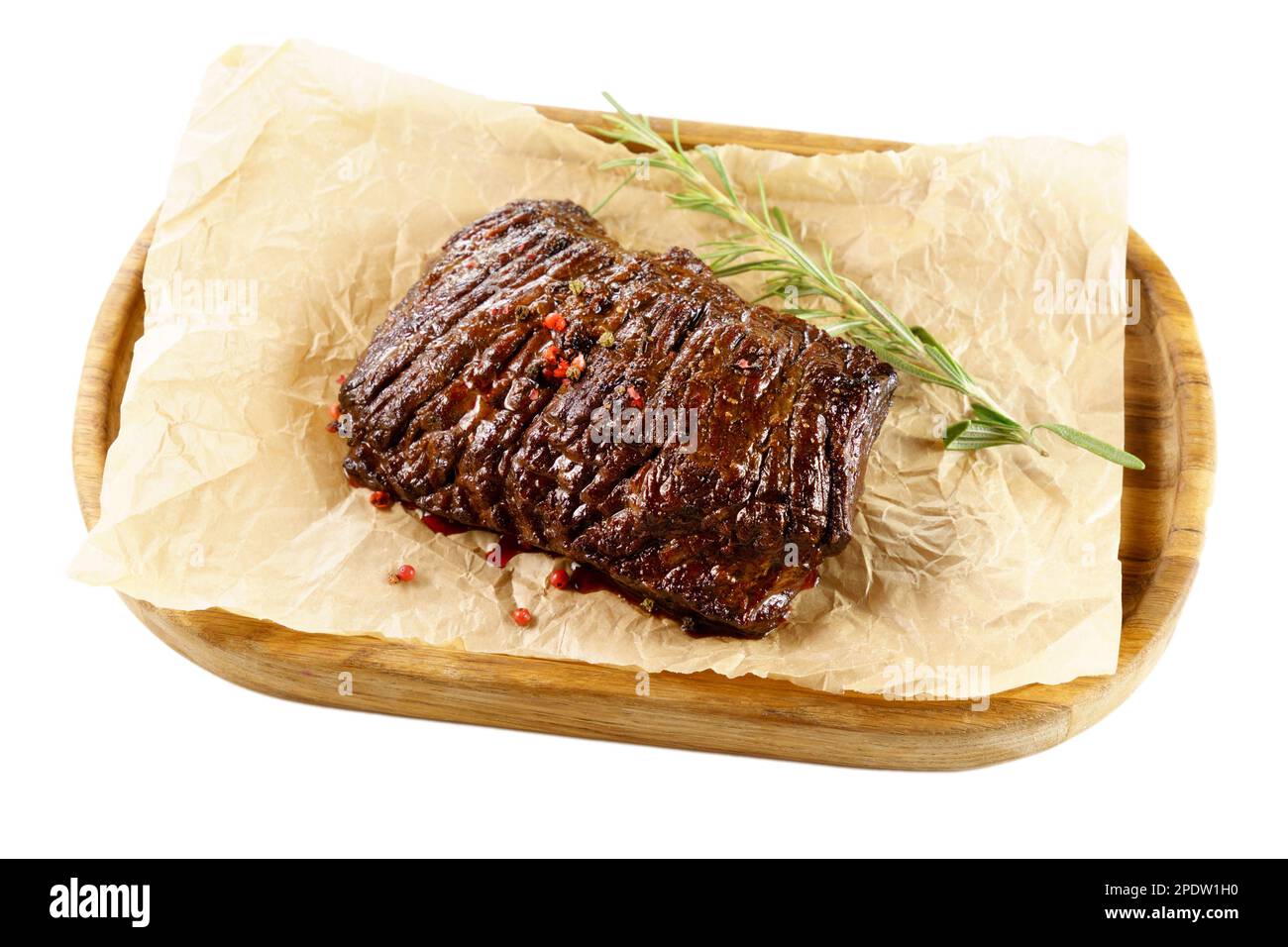 Fried Steak Close Up Delicious Restaurant Seasoned With Pepper Peas And Herbs Isolated On A