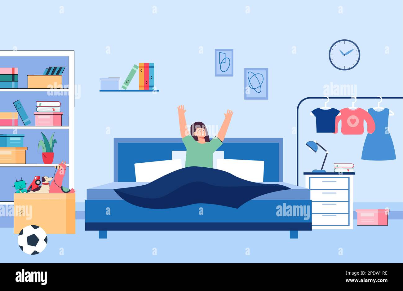 Little kid sitting in bed in morning and stretching Stock Vector Image ...