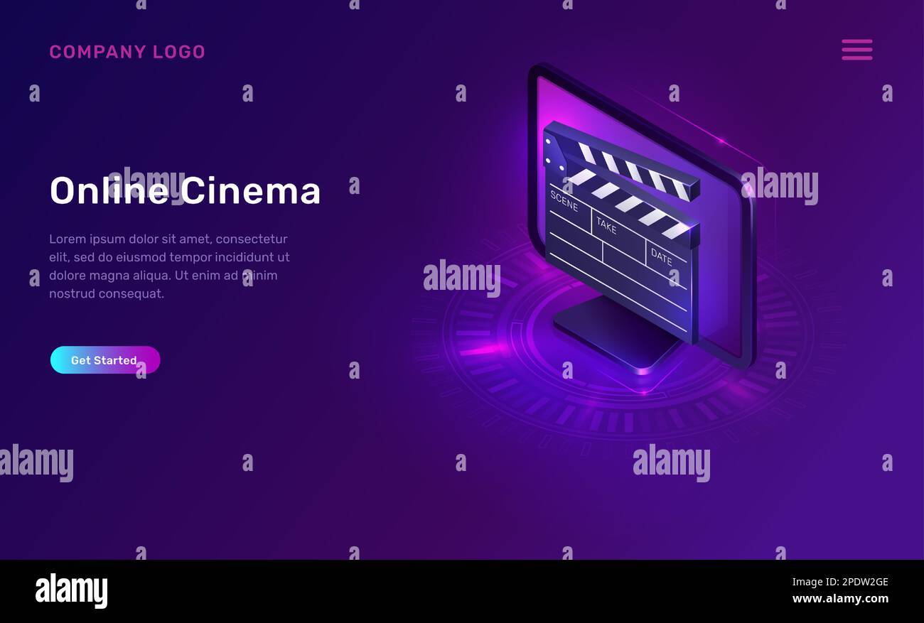 Online cinema or movie, isometric concept vector illustration. Computer ...