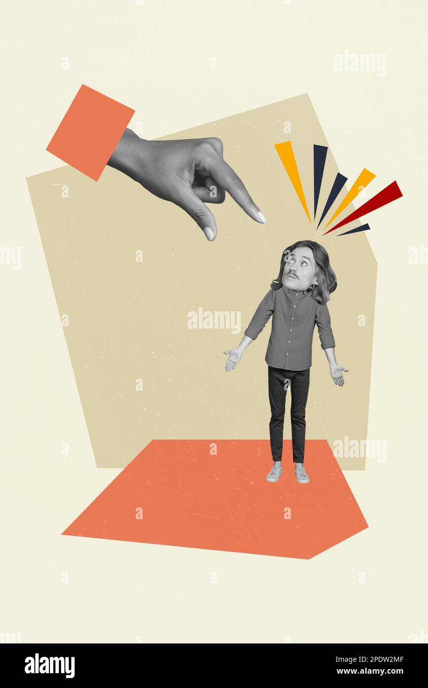 Composite collage template of young funny miniature guy shrug shoulders ...