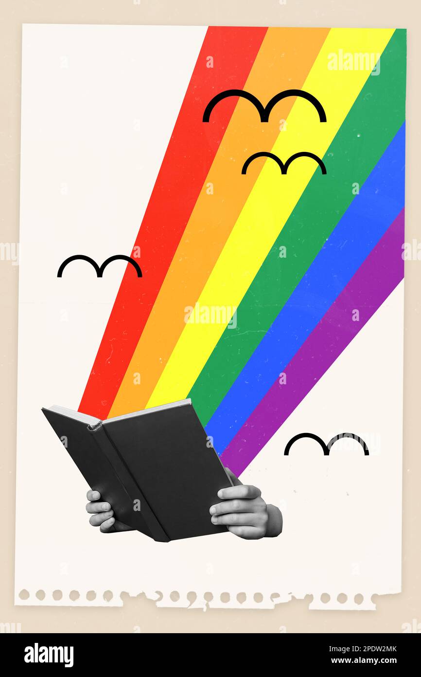 Collage photo of magazine template artwork hands hold reading concept ...