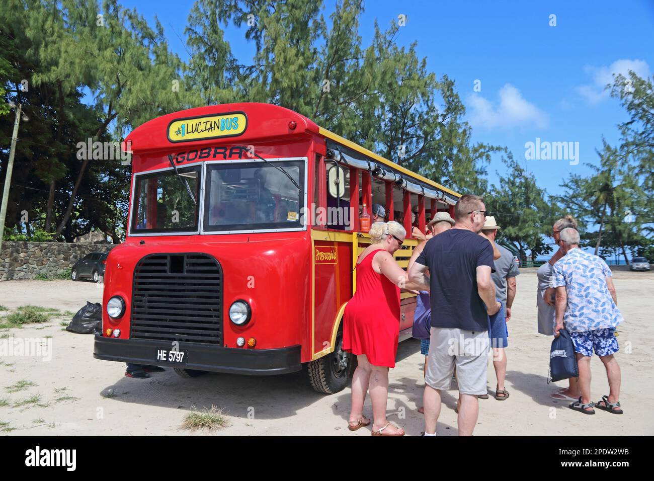 Party bus, Pigeon Island beach, St Lucia Stock Photo - Alamy