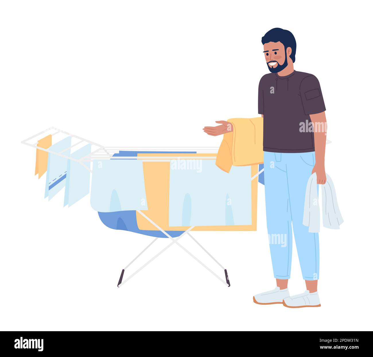 Bearded man standing near clothes drying rack semi flat color vector ...