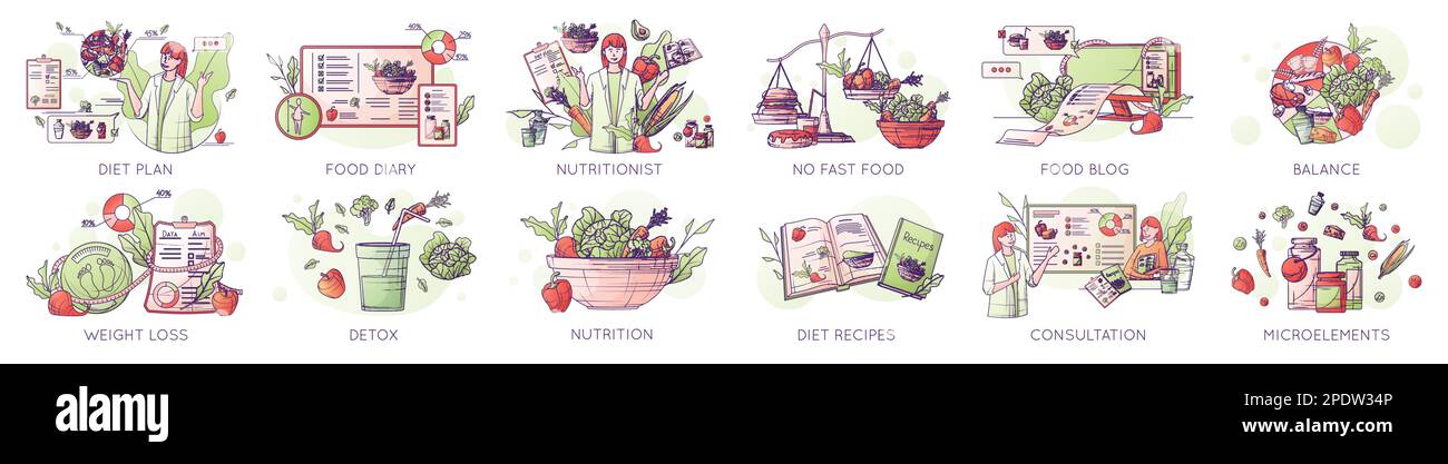 Nutritionist dietitian dietologist set of isolated compositions with ...