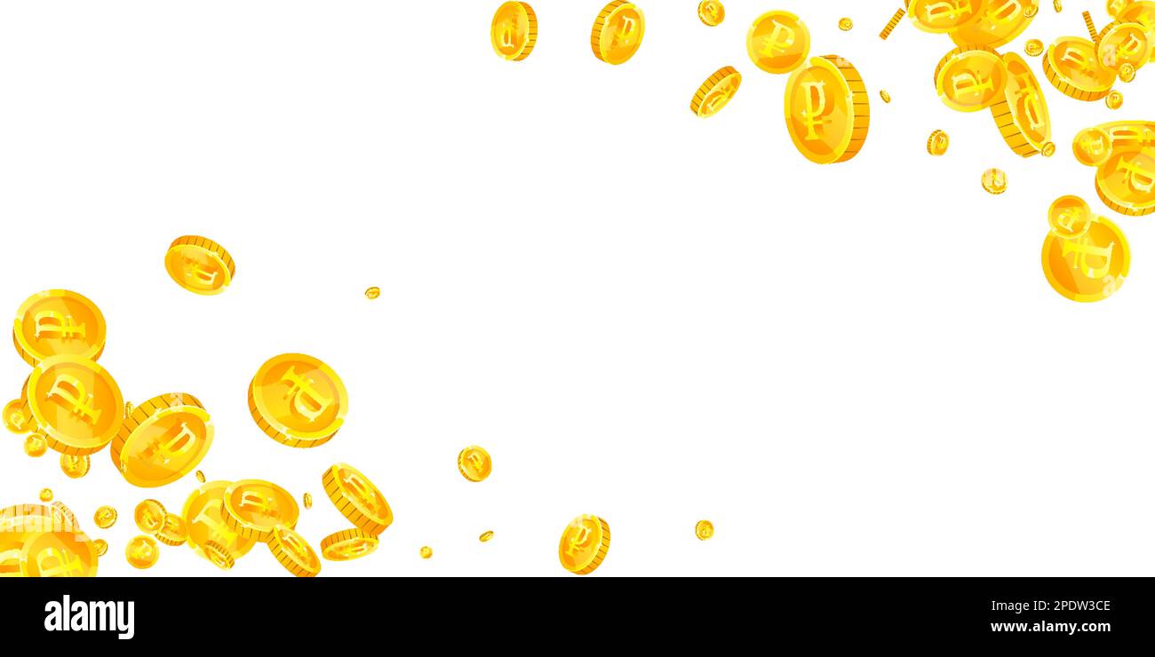 Russian ruble coins falling. Scattered gold RUB coins. Russia money ...