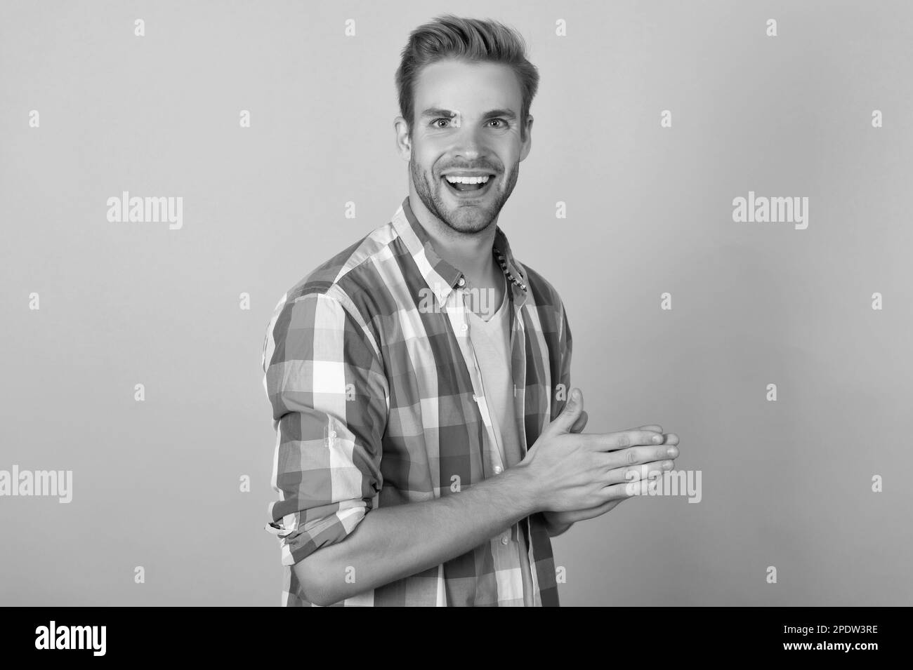 Rubbing hands in happy anticipation. Happy guy rub hands. Delight and ...