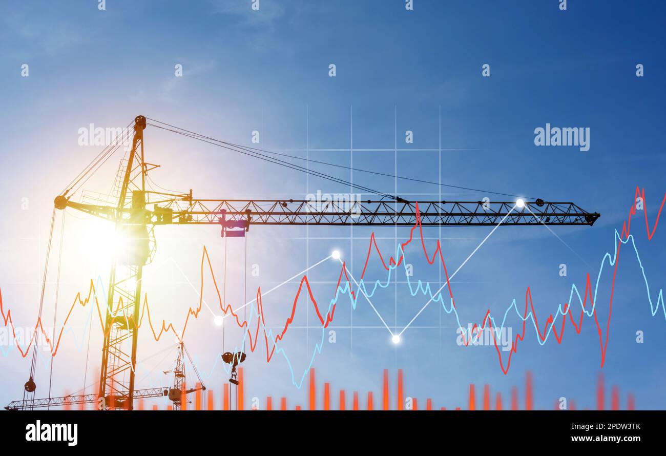 Construction crane working on building site. Infographics charts ...