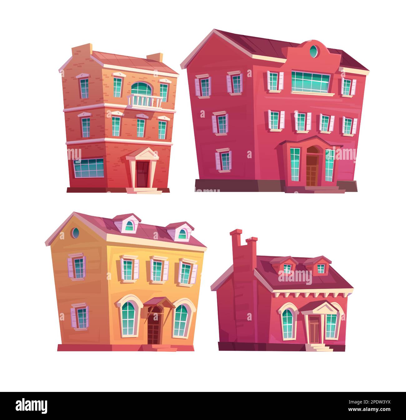 Urban retro building cartoon vector set illustration. Old residential ...