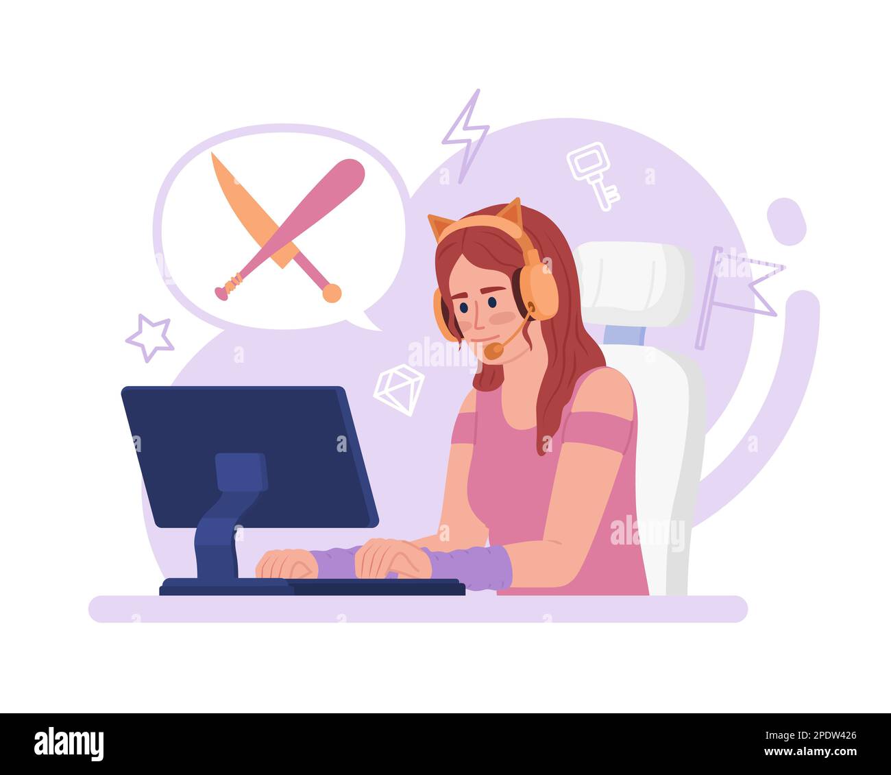 Female online gamer in esport 2D vector isolated spot illustration ...
