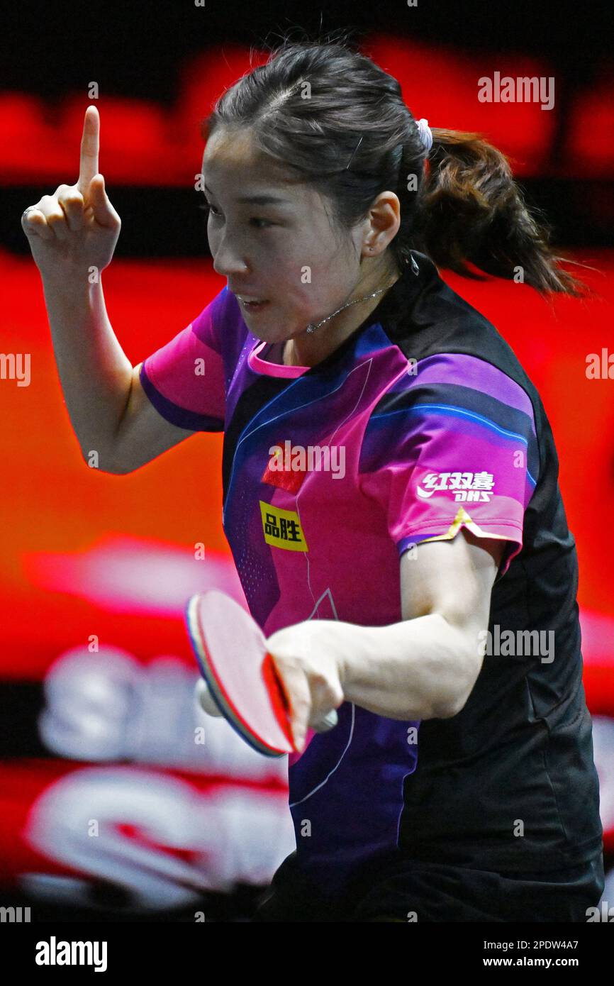 Singapore. 15th Mar, 2023. Qian Tianyi of China hits a return during the women's singles round ...