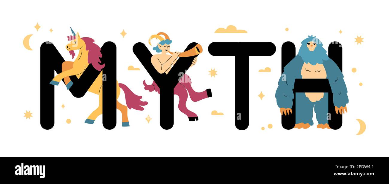 Mythical creatures composition of flat text surrounded by moon and stars icons and fairy tale ...