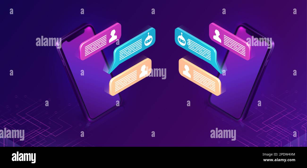 Chat bot or mobile chatting, isometric concept vector illustration ...