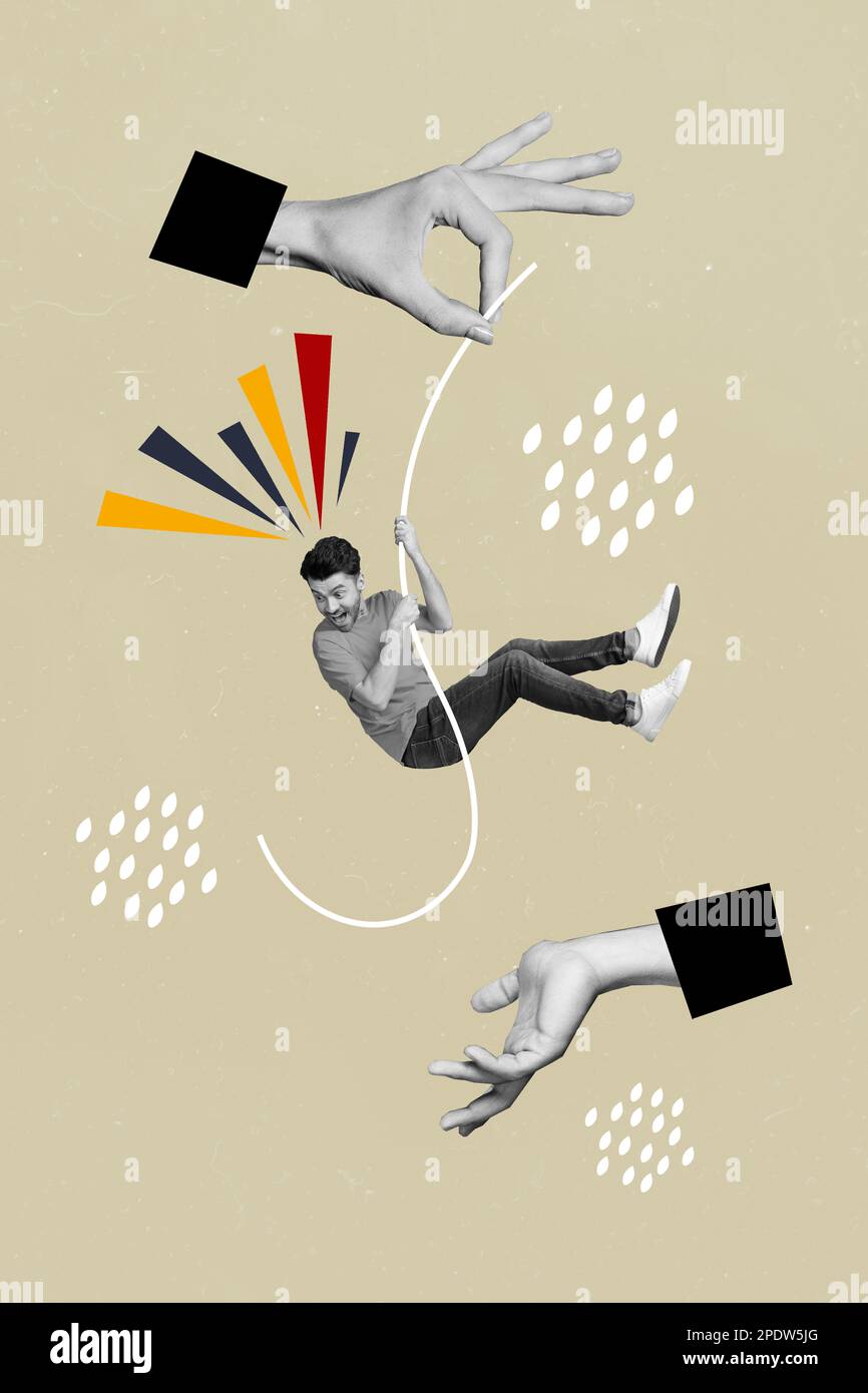 Vertical collage image of two big black white effect arms fingers hold ...