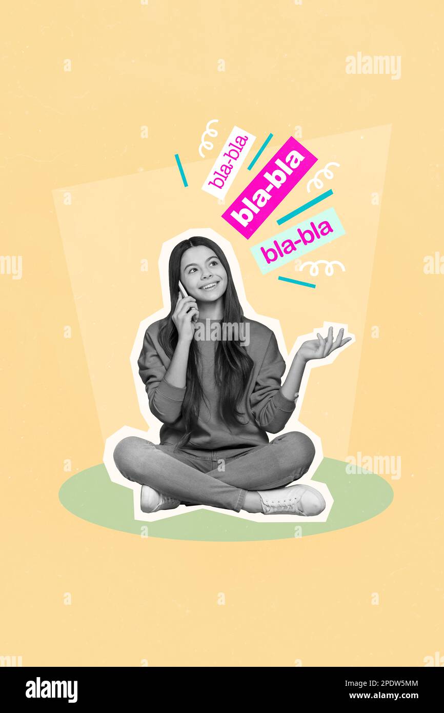 Vertical collage image of black white colors positive girl speak ...