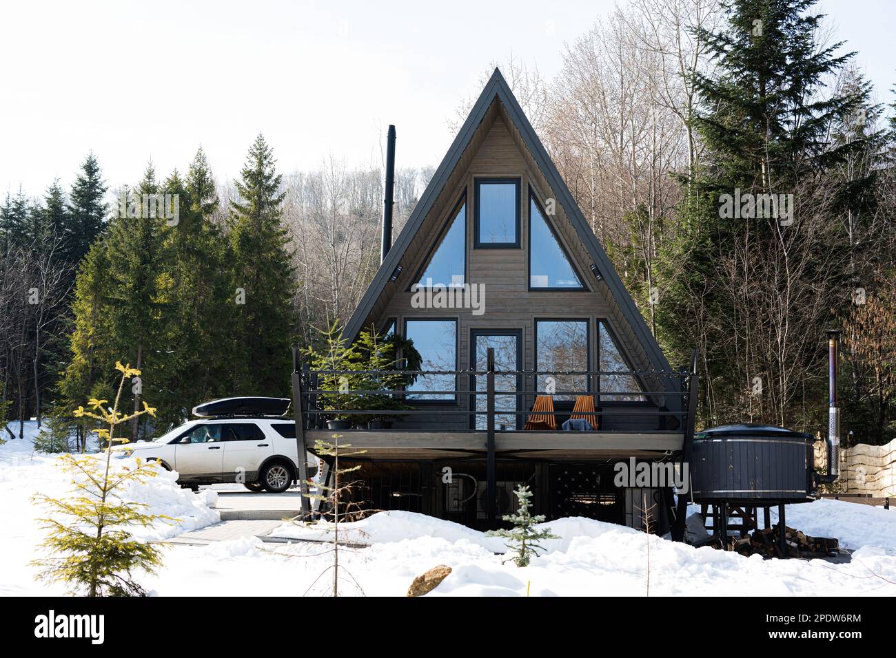 Wooden triangle country tiny cabin house with hot tub spa and suv car ...