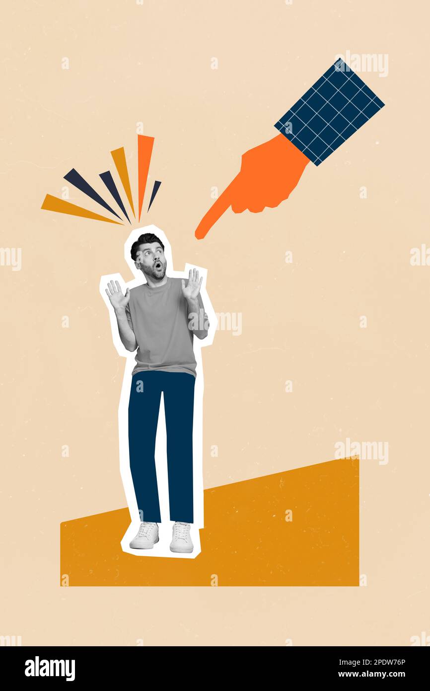 Vertical collage picture of huge painted arm point indicate finger ...