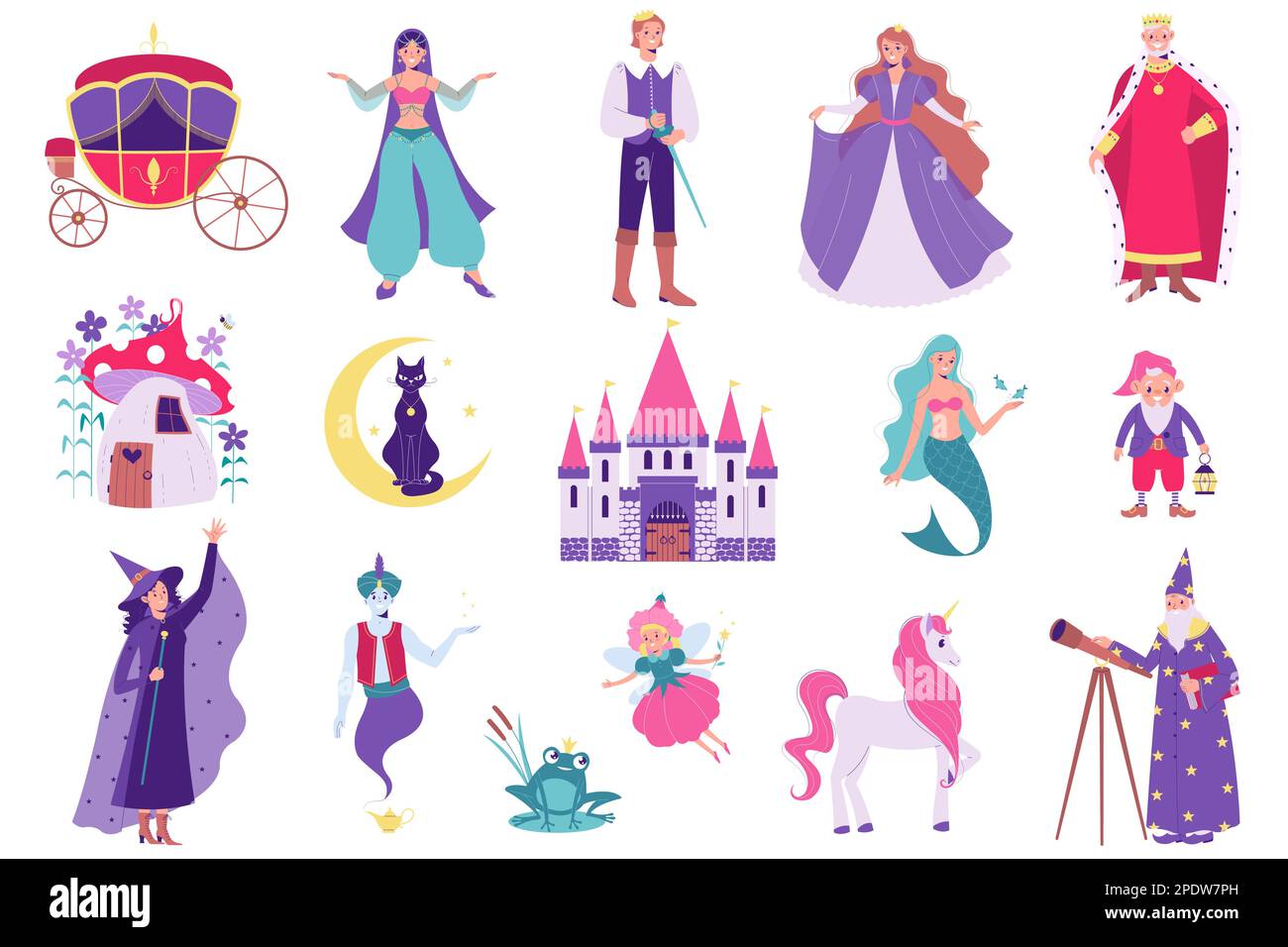 Set with isolated fairy tale flat icons with images of mythical story ...