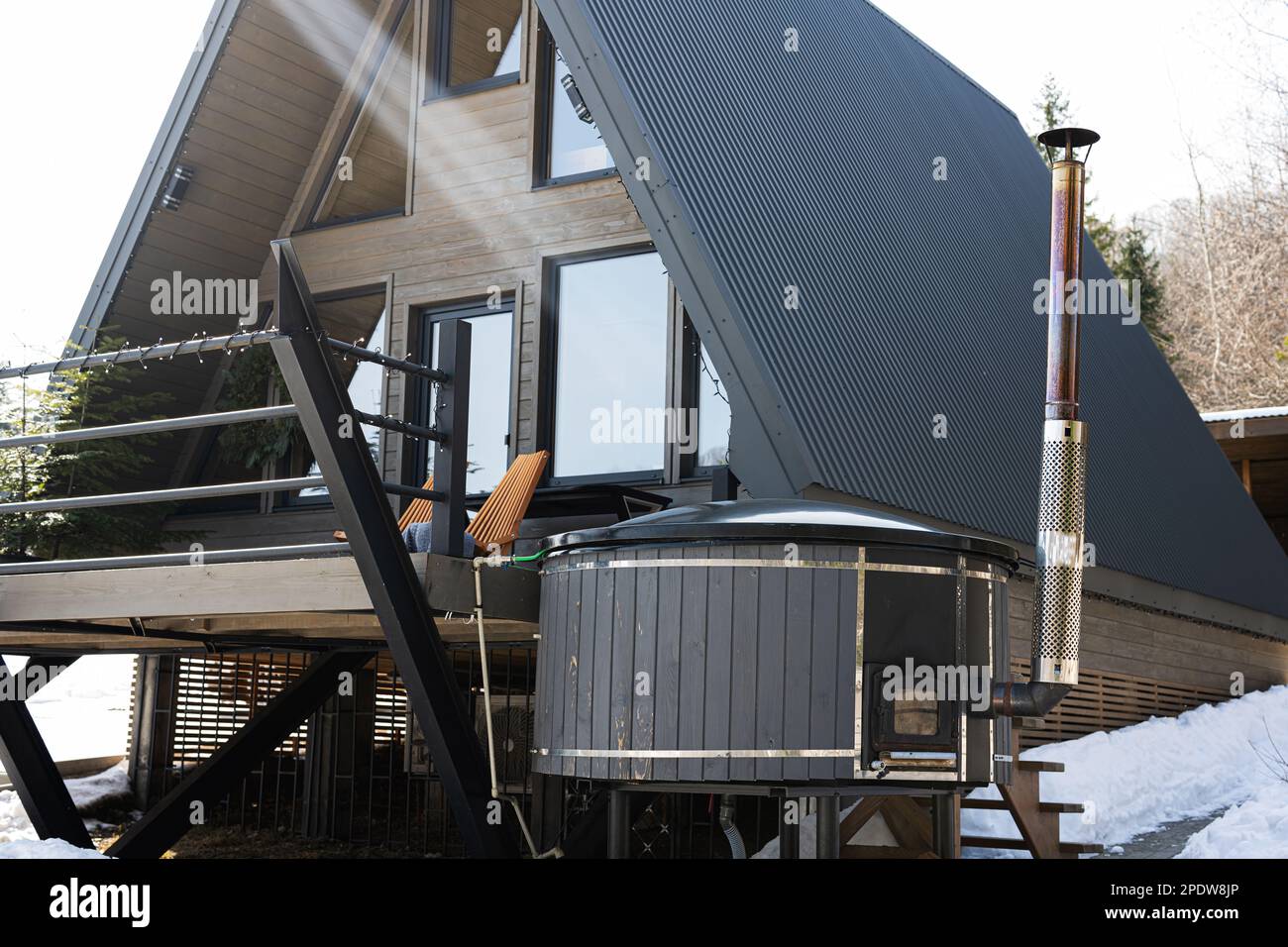 Wooden triangle country tiny cabin house with hot tub spa in mountains ...