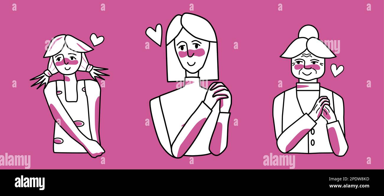 Female in love set. Collection of beloved young, adult and old women ...