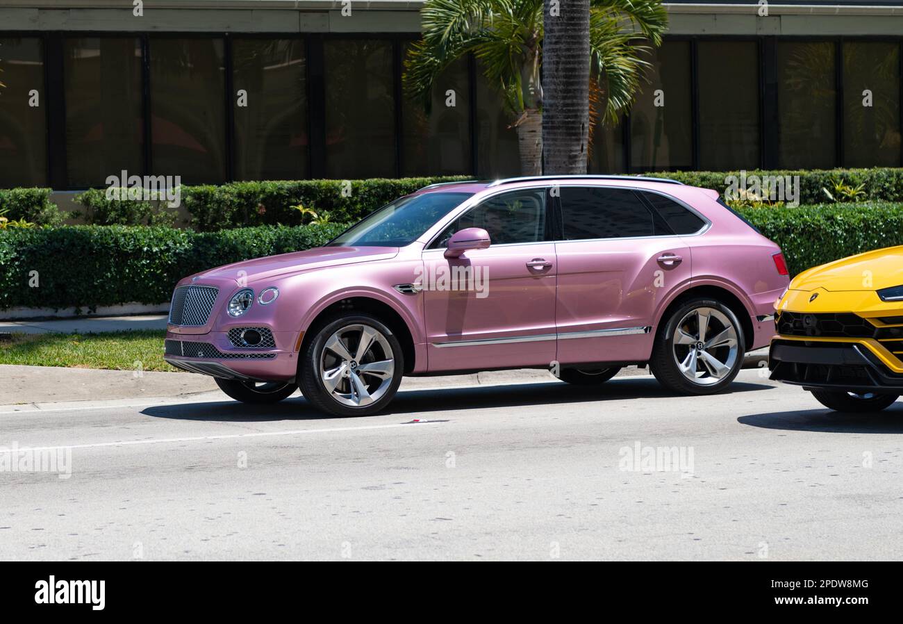 Miami Beach, Florida USA - April 15, 2021: pink metallic Bentley ...