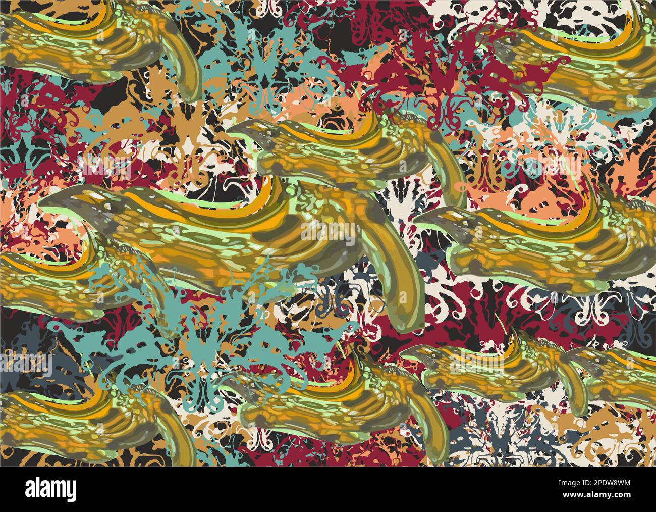 Abstract colored background with butterfly and bird elements. Wave-like ...