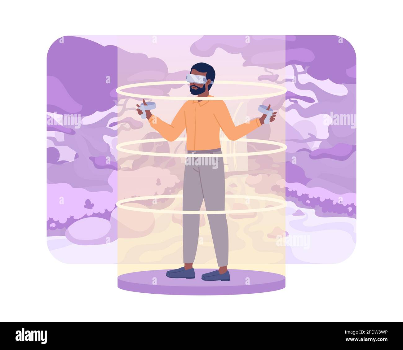 VR game player in purple magic forest 2D vector isolated spot ...