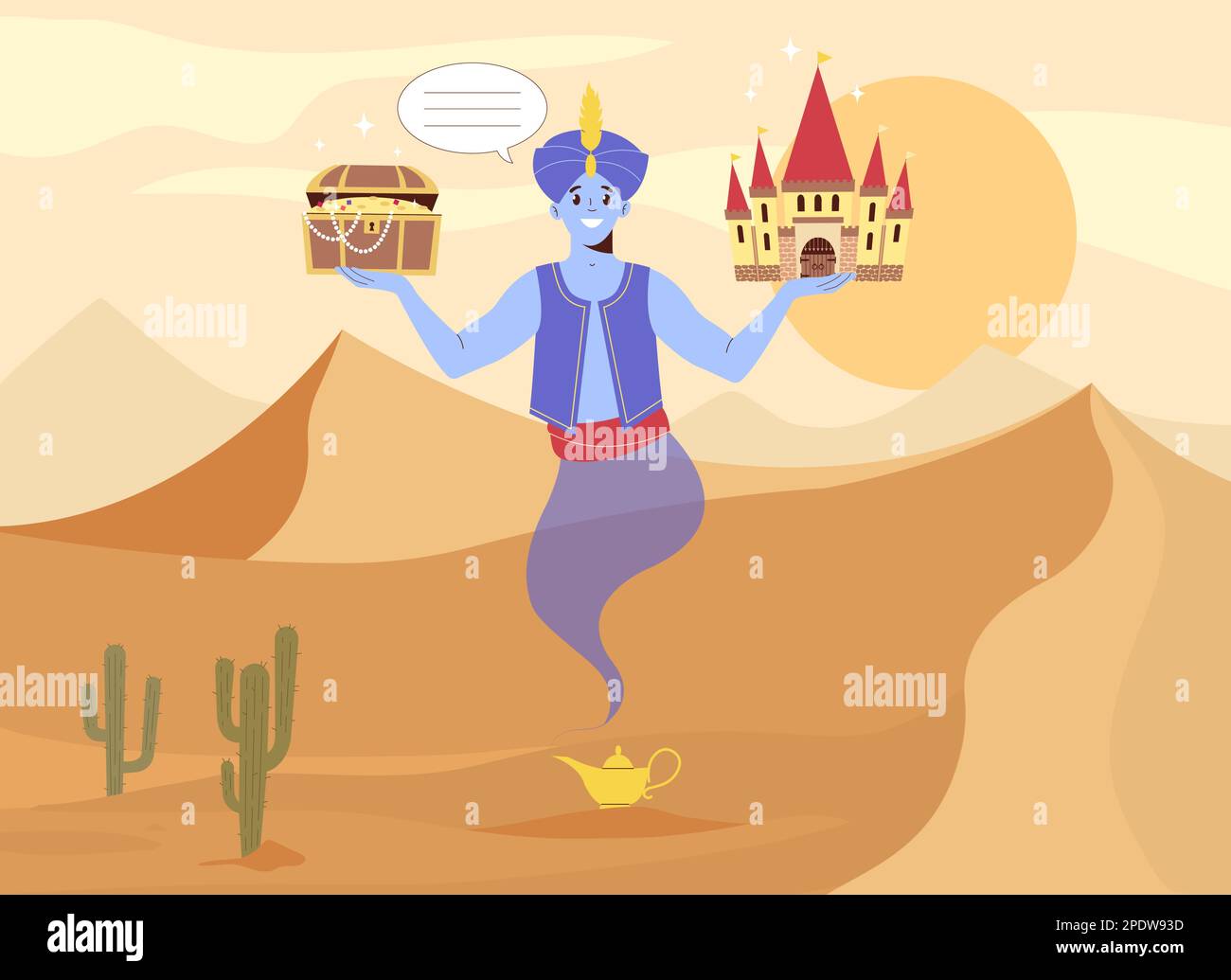 Fairy tale flat composition with desert scenery and flying jinn ...