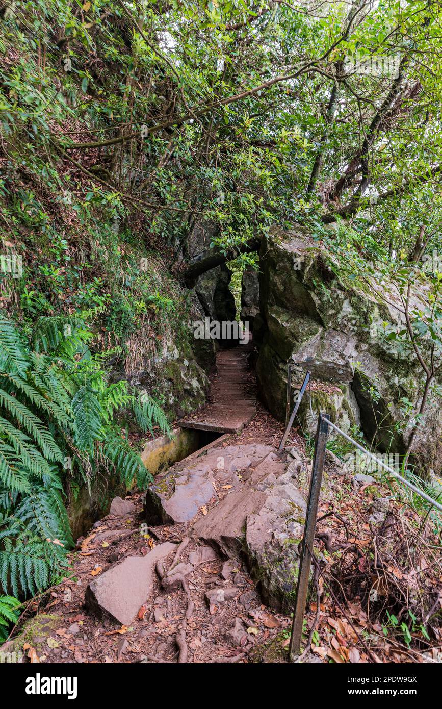 Levada do Furado hiking trail with rocks and chain in Madeira Stock ...