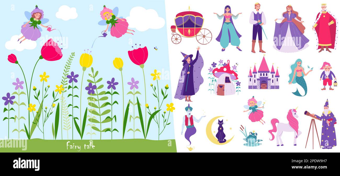 Fairy tale flat composition of floral scenery and isolated icons with fictional characters and ...