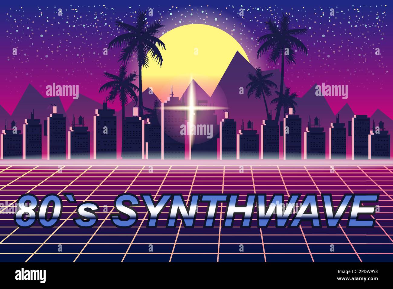 Synthwave 80 s banner vaporwave aesthetic background. Futuristic city palms grid 3d, sunset 80 s ...