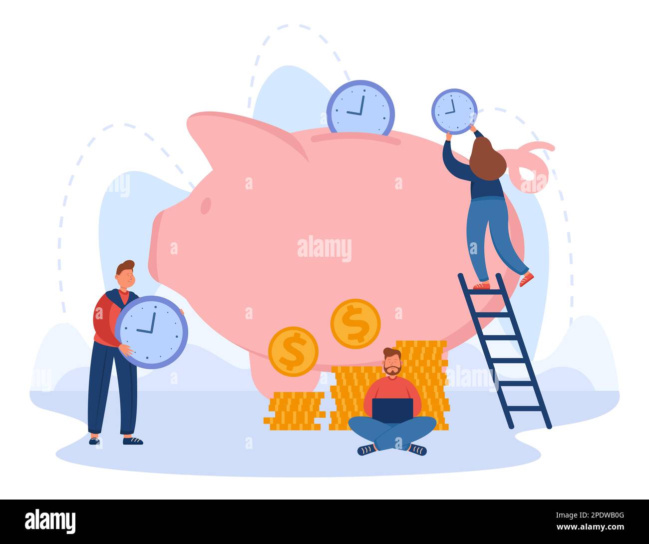 Tiny people putting clocks in money box flat vector illustration Stock ...