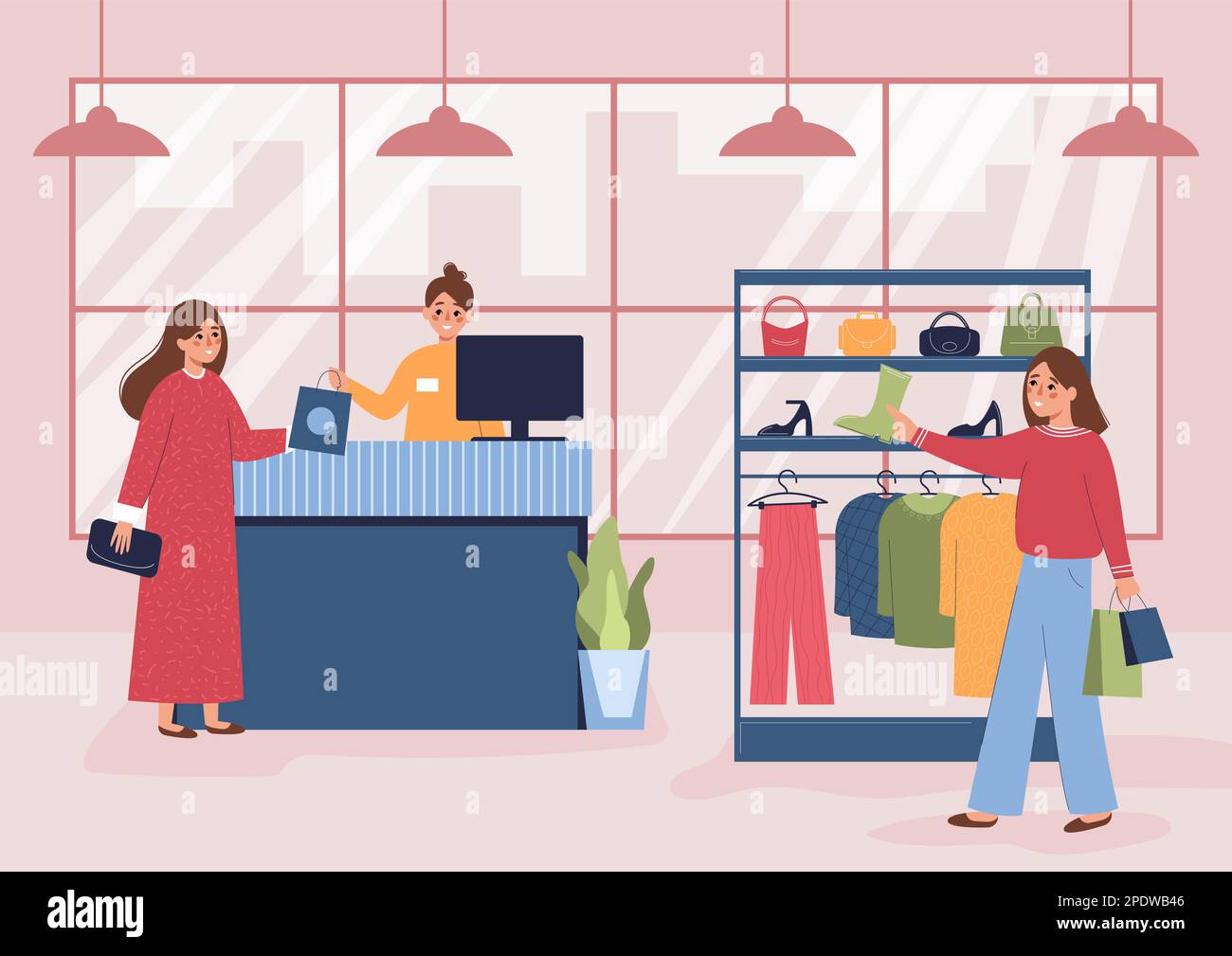 Shopping people flat composition with indoor view of clothing store ...