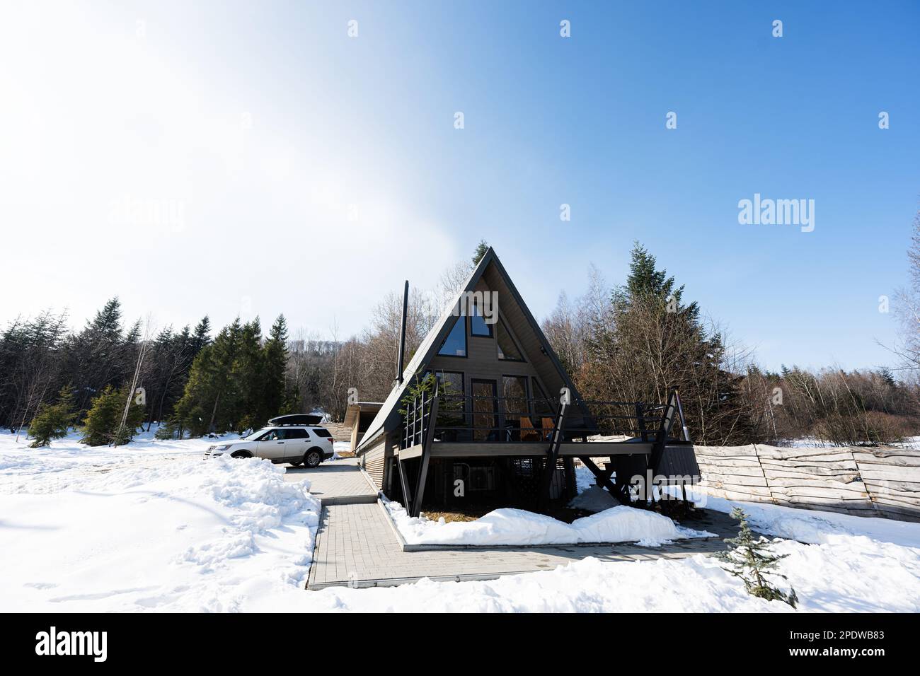 Wooden triangle country tiny cabin house with hot tub spa and suv car ...