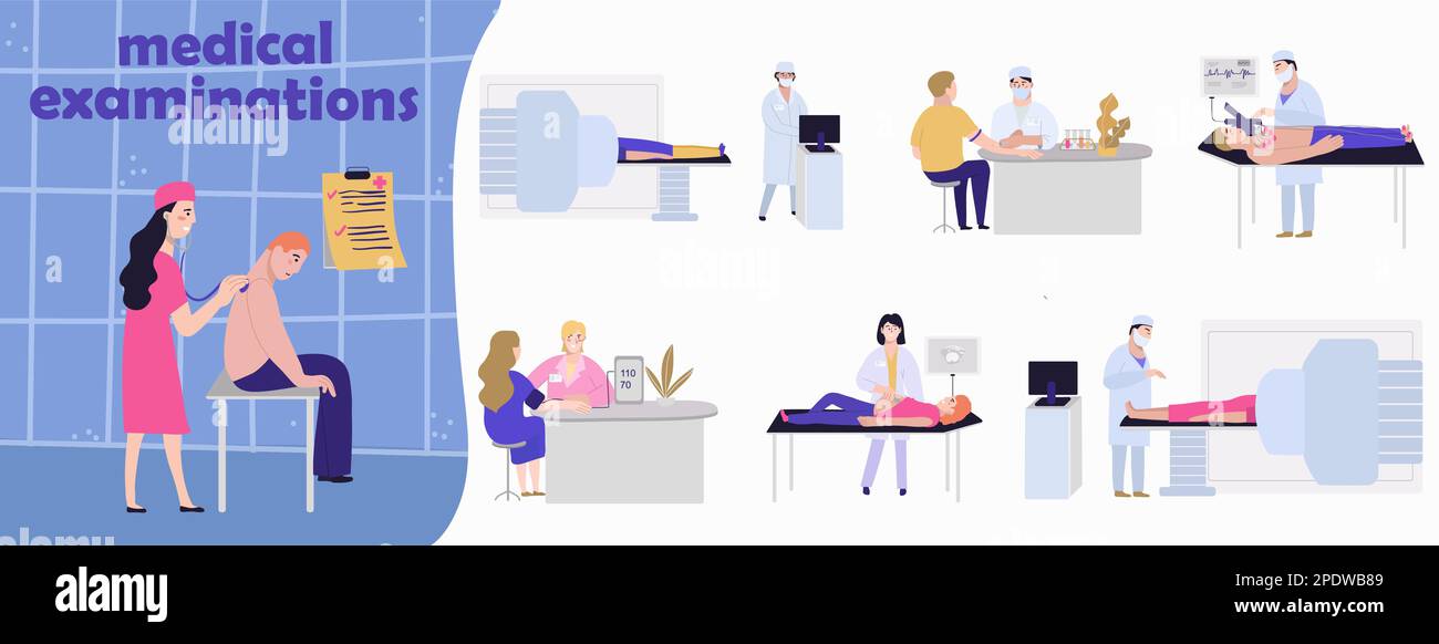 Medical examination set with flat compositions of flat human characters ...