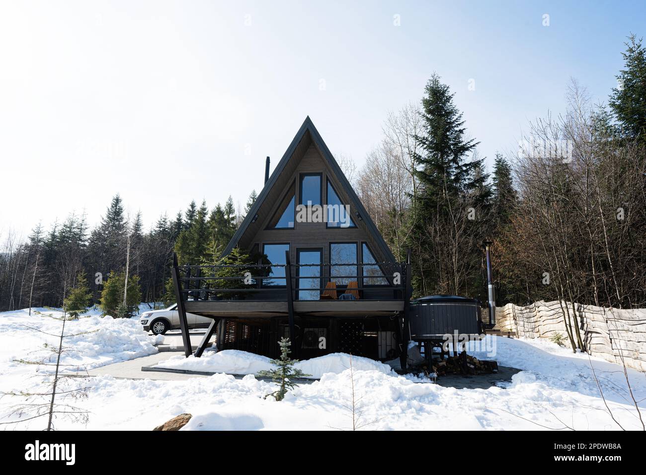 Wooden triangle country tiny cabin house with hot tub spa and suv car ...