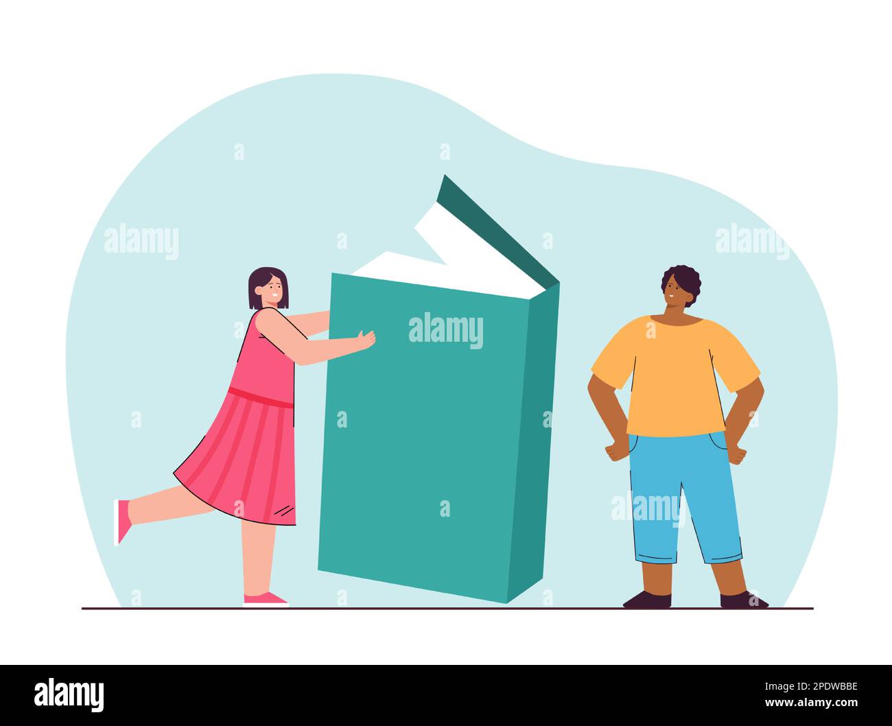 Cute little girl reading huge book to classmate or friend Stock Vector ...